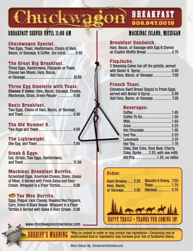 The Chuckwagon menu in Mackinac Island, Michigan, USA