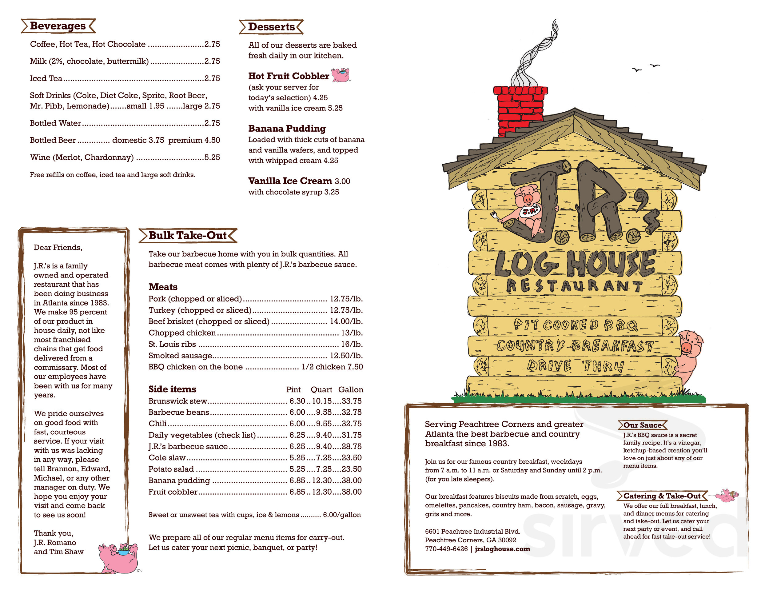 JR's Log House Restaurant menu in Peachtree Corners, Georgia, USA
