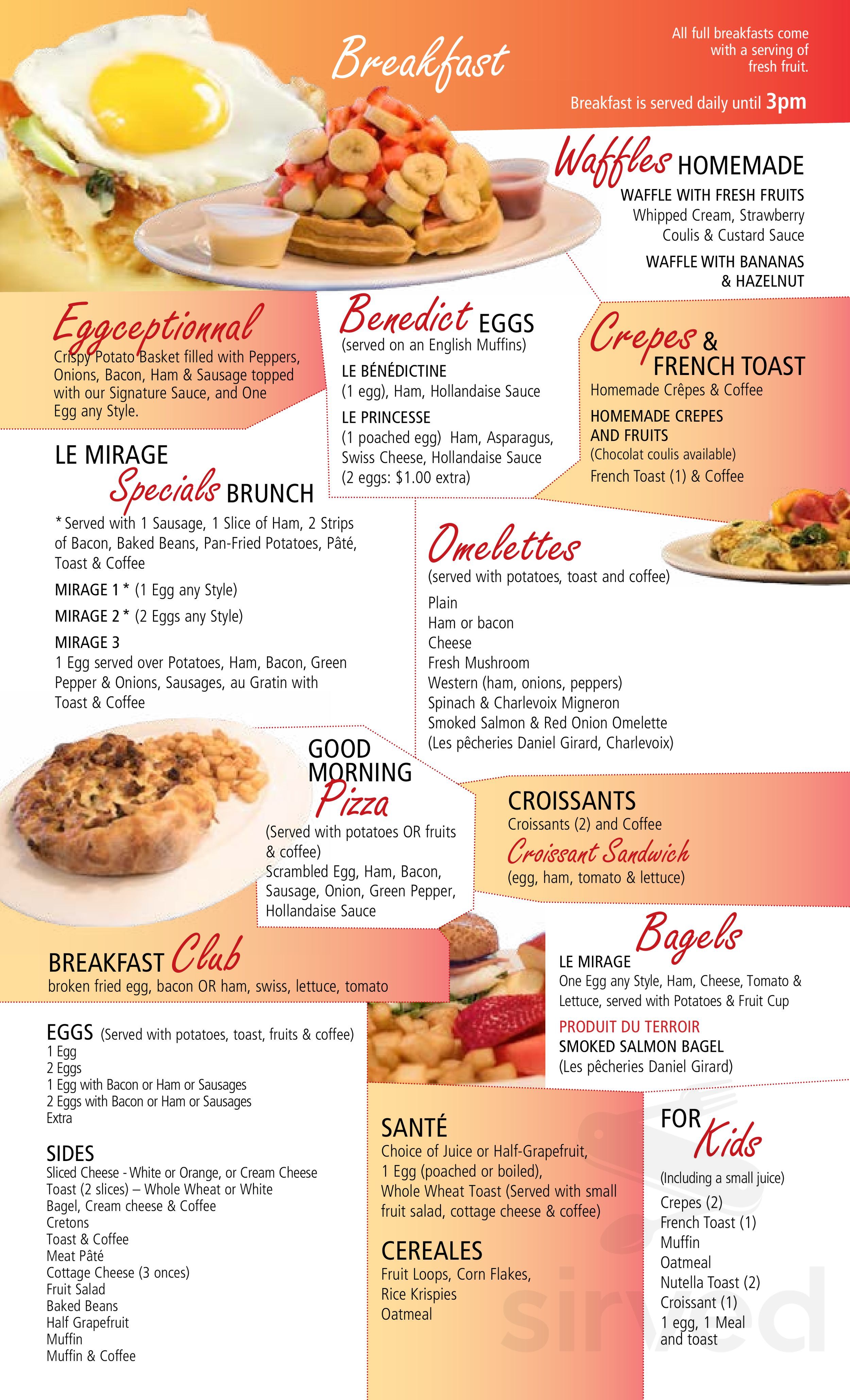 Le Mirage menu in La Malbaie, Quebec, Canada
