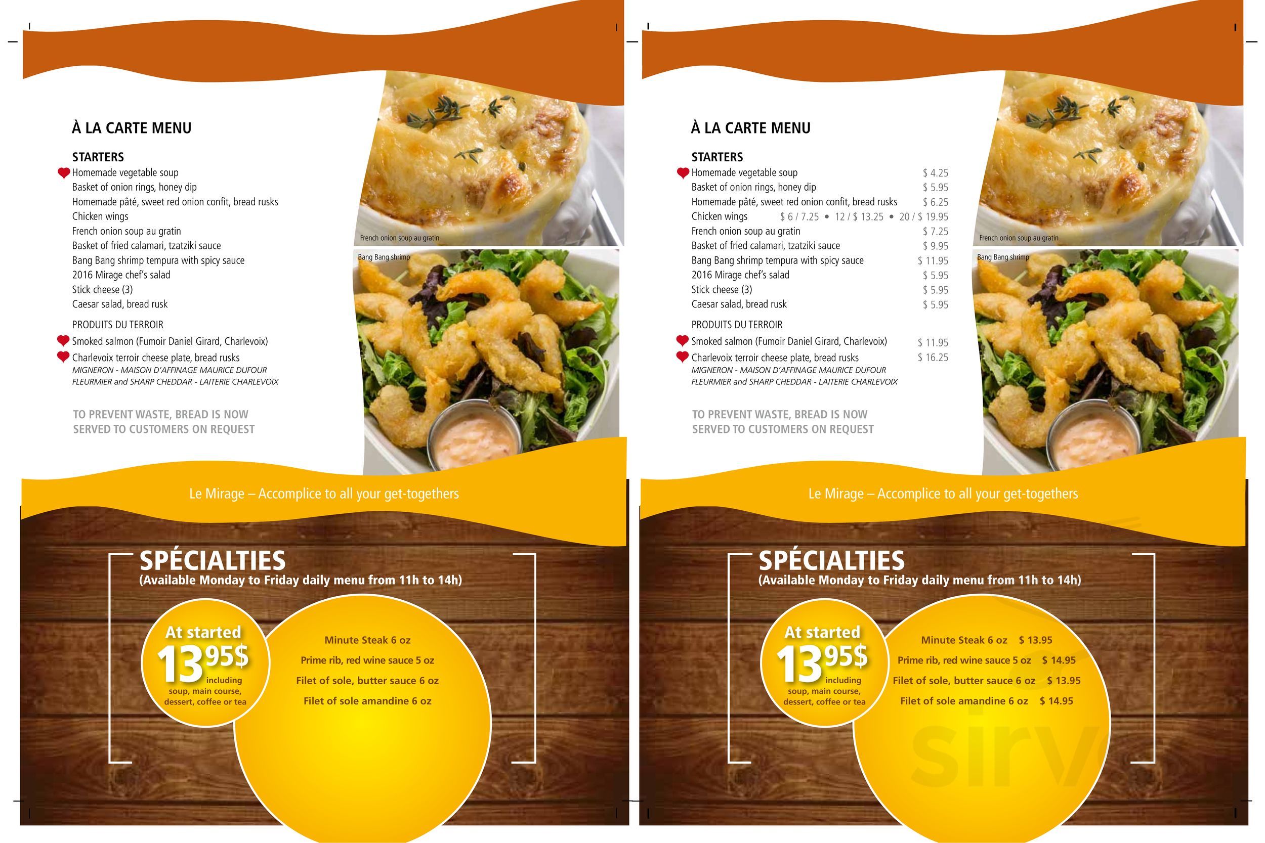 Le Mirage menu in La Malbaie, Quebec, Canada