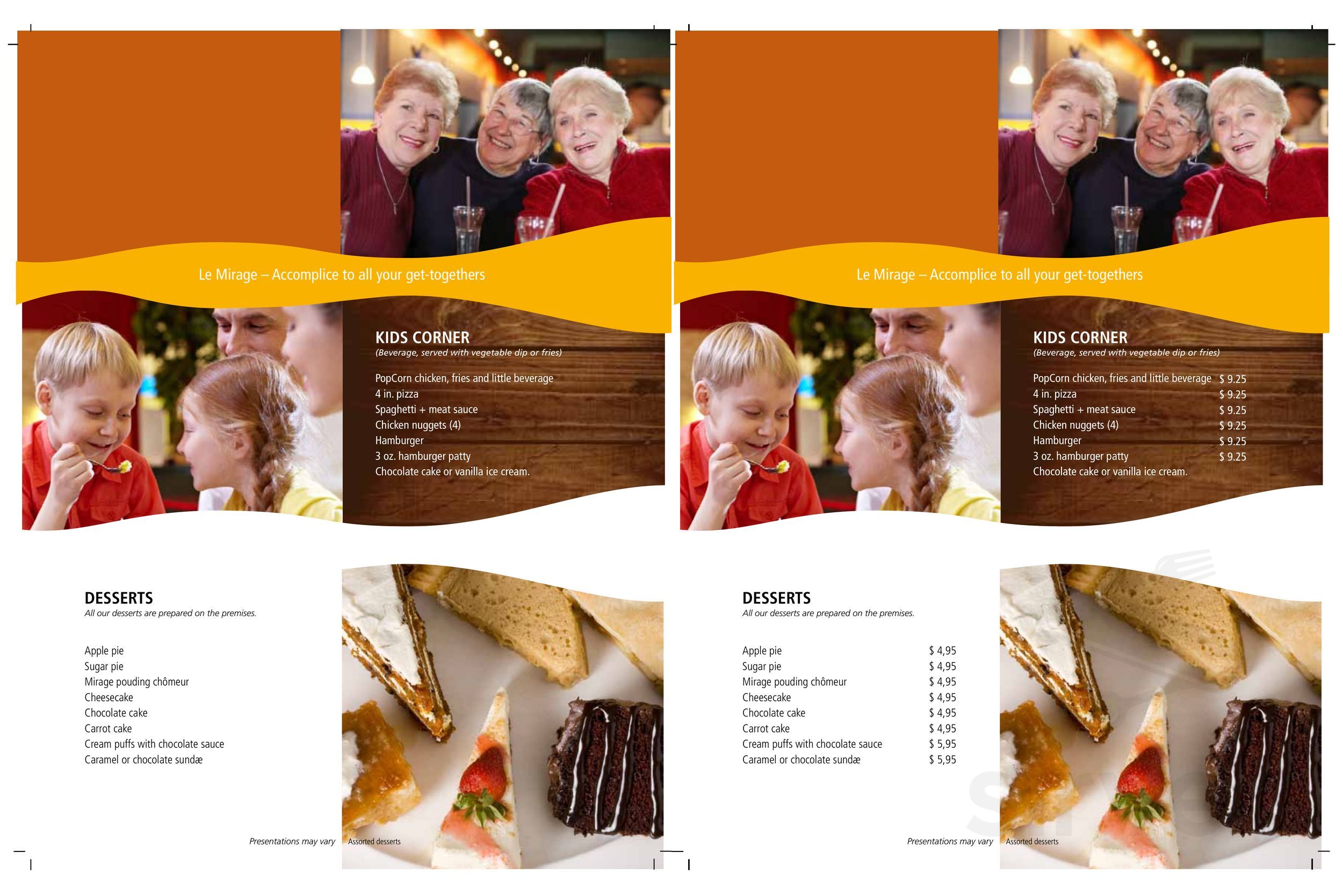 Le Mirage menu in La Malbaie, Quebec, Canada