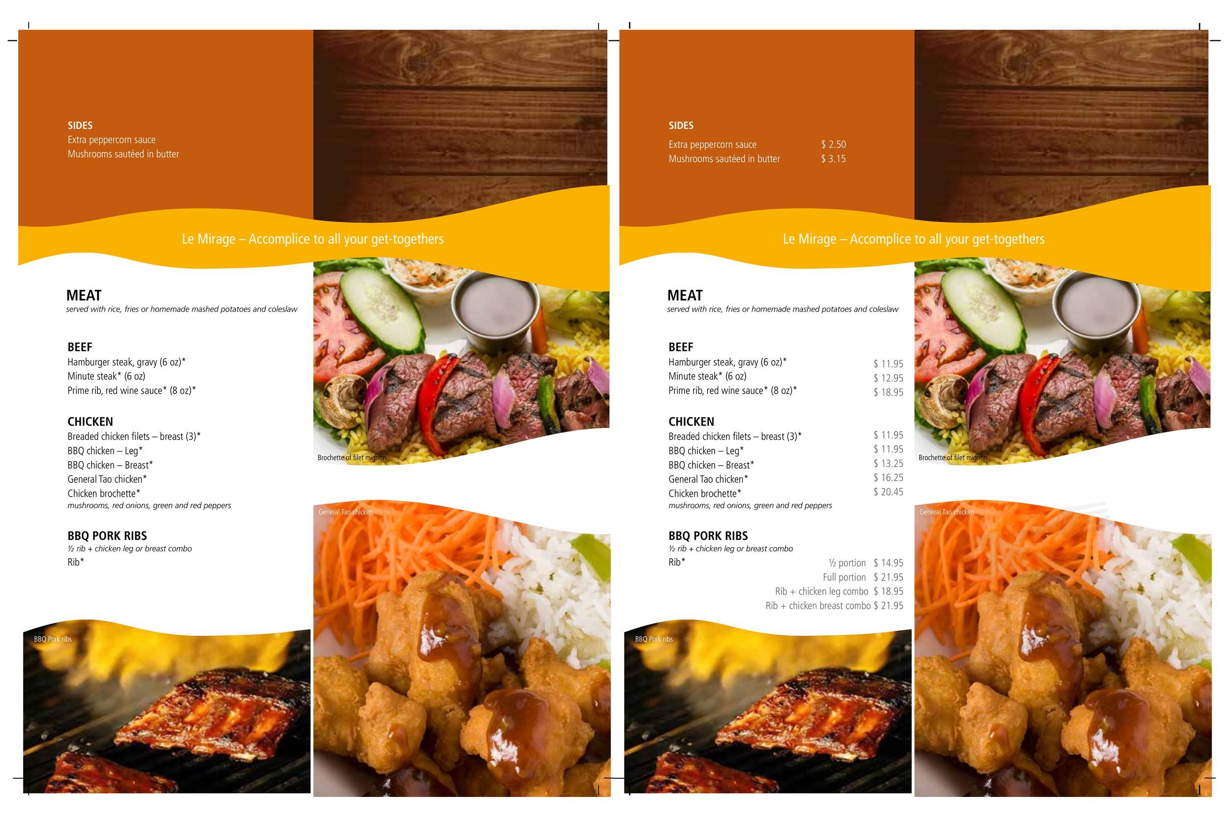 Le Mirage menu in La Malbaie, Quebec, Canada