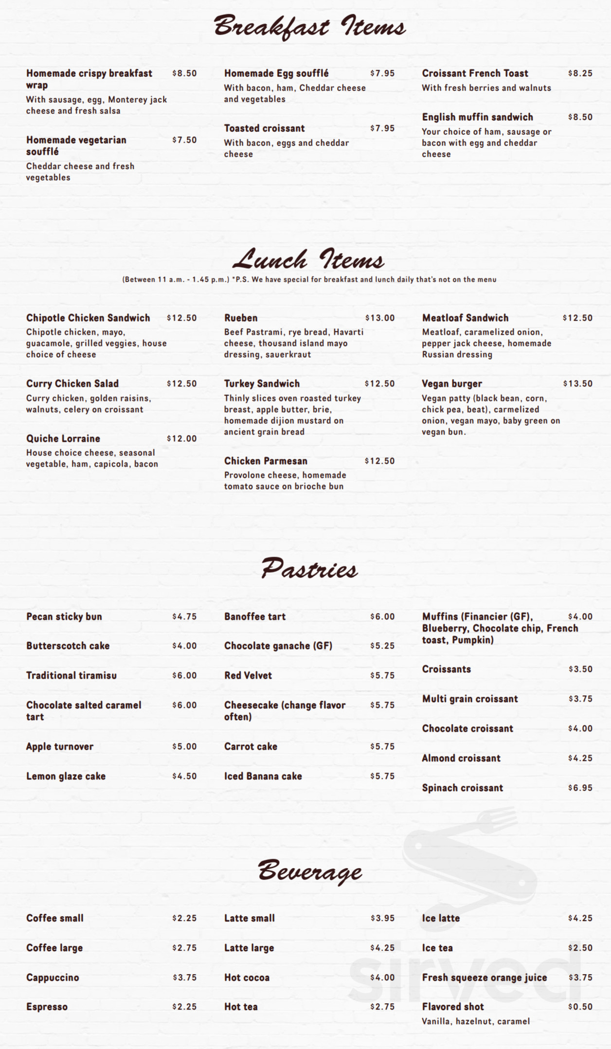 Butterscotch Pastry shop menu in Birchrunville, Pennsylvania, USA