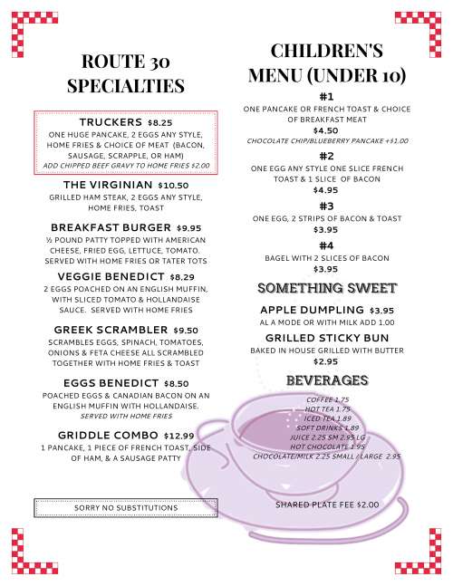 Route 30 Diner menu in Ronks, Pennsylvania, USA