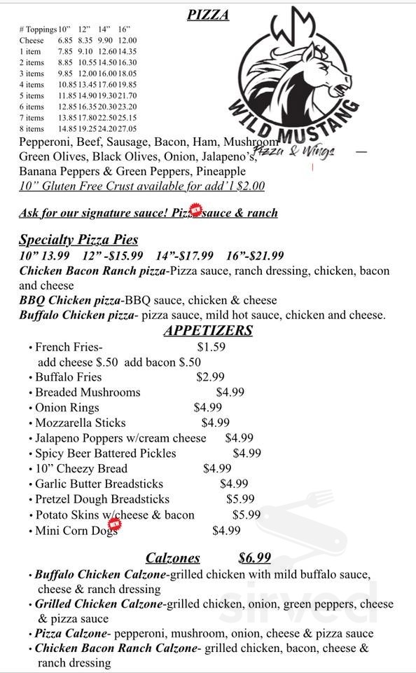 Wild Mustang Pizza And Wings menu in Harrod, Ohio, USA