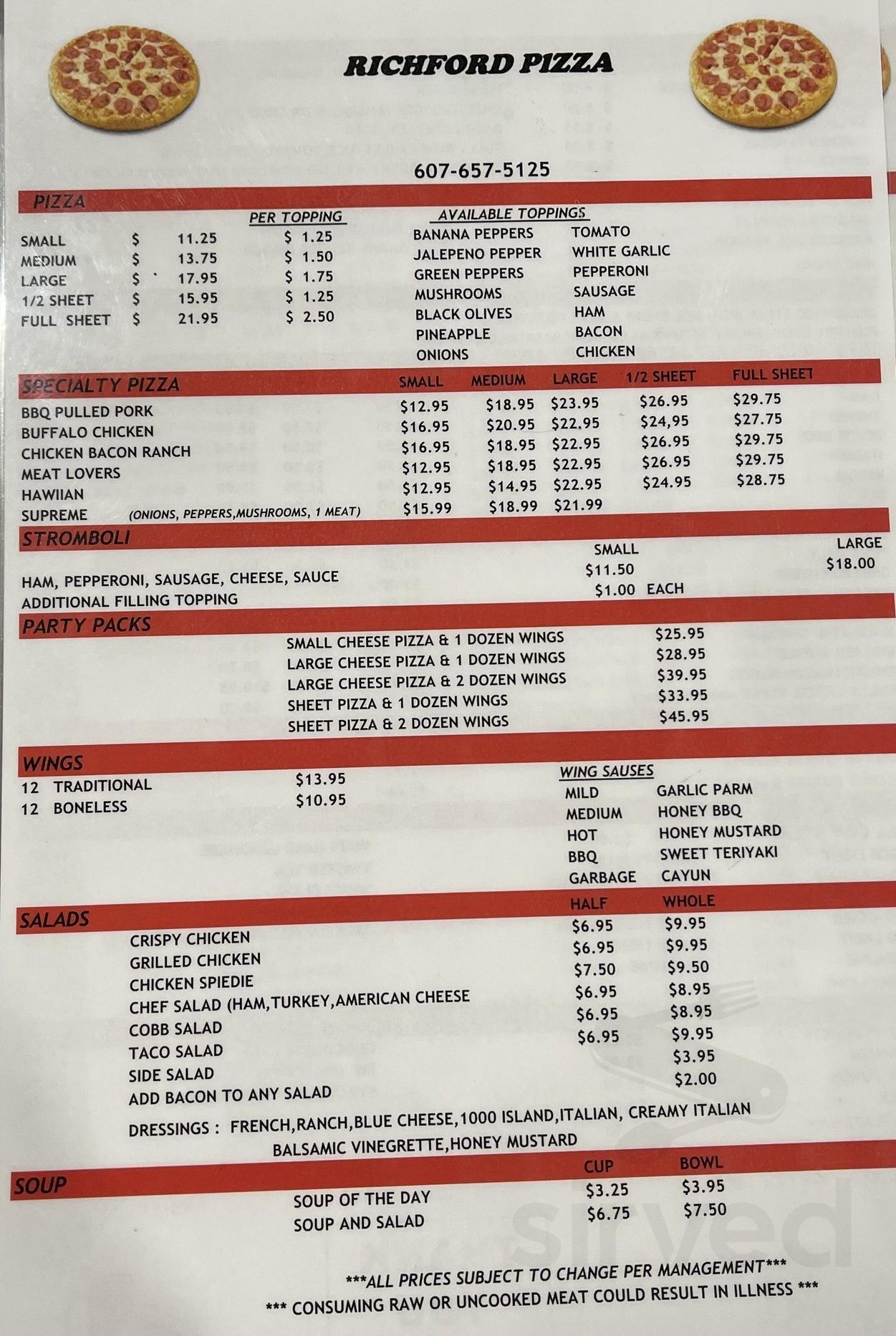 Richford Pizza Plus menu in Richford, New York, USA