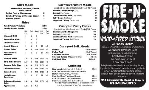 Fire-N-Smoke Wood Fired Kitchen menu in Troy, Illinois, USA