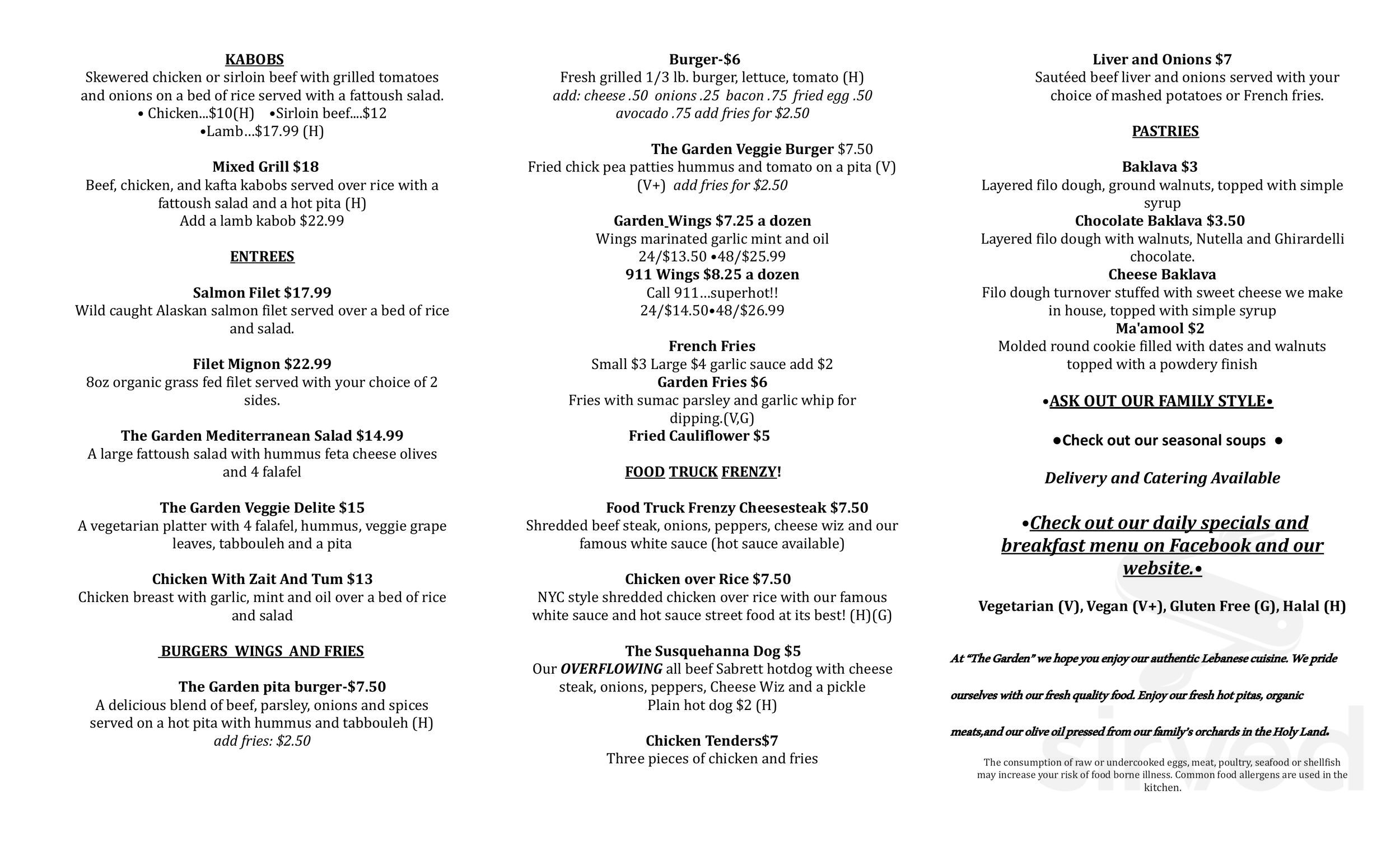 The Garden A Mediterranean Restaurant menu in Scranton, Pennsylvania, USA