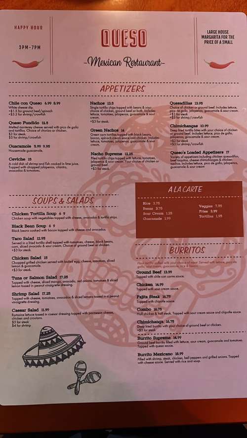 Queso Mexican Restaurant menu in Baton Rouge, Louisiana, USA