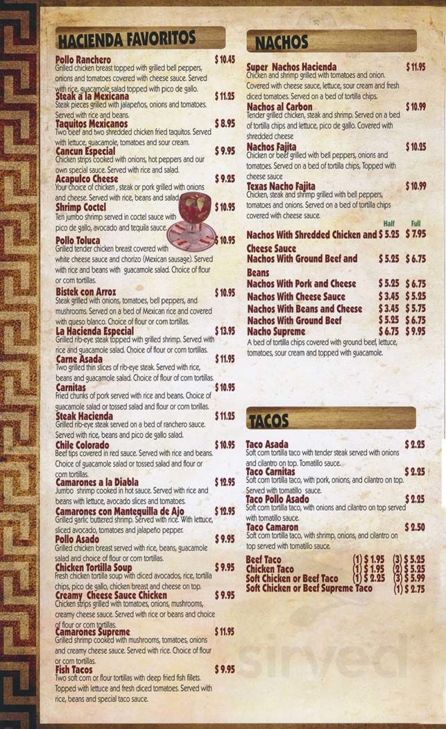 Menu - Avon IN's La Hacienda Mexican Restaurant | Sirved