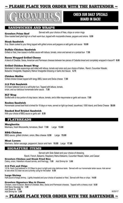 Growlers menu in Highland, Indiana, USA