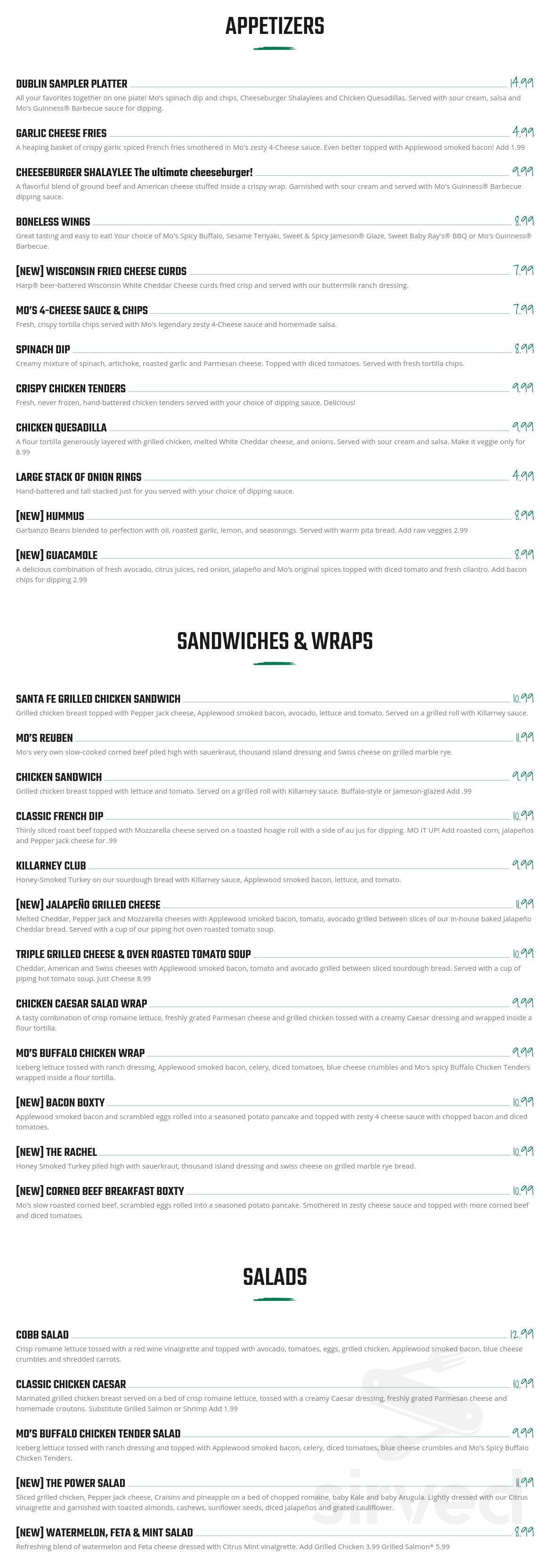 Menu - Wauwatosa WI's Mo's Irish Pub Wauwatosa | Sirved