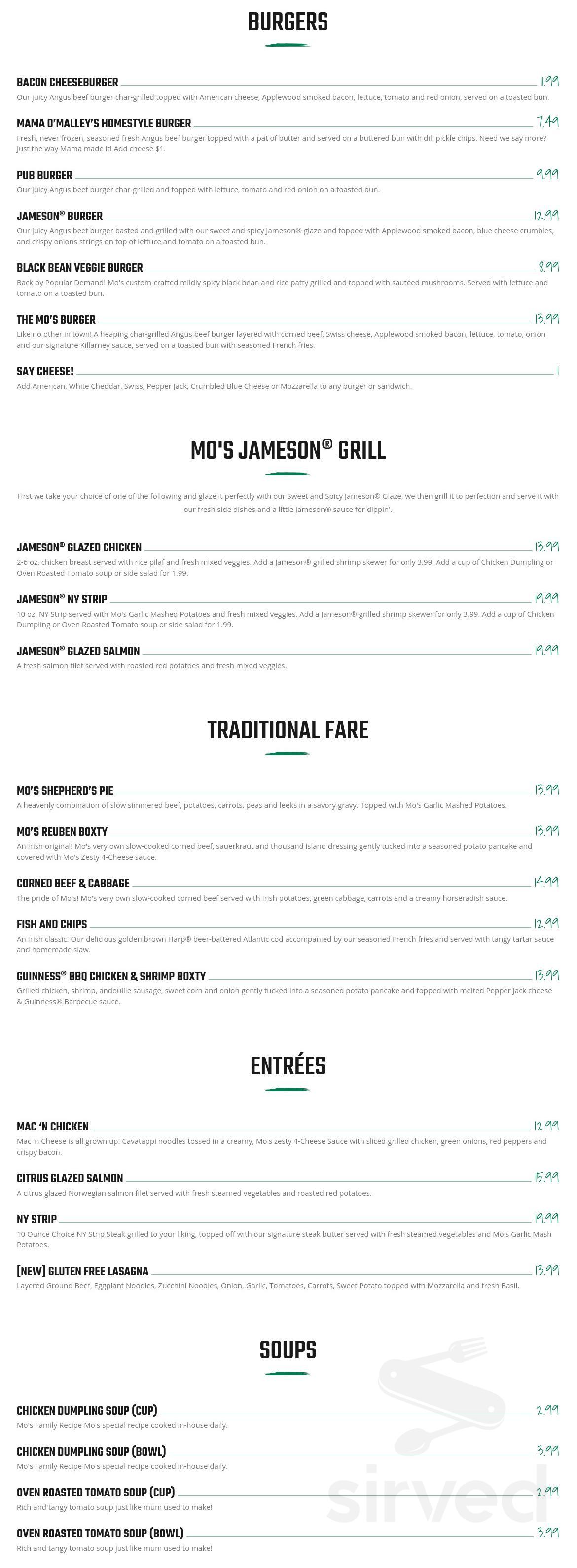 Menu - Wauwatosa WI's Mo's Irish Pub Wauwatosa | Sirved