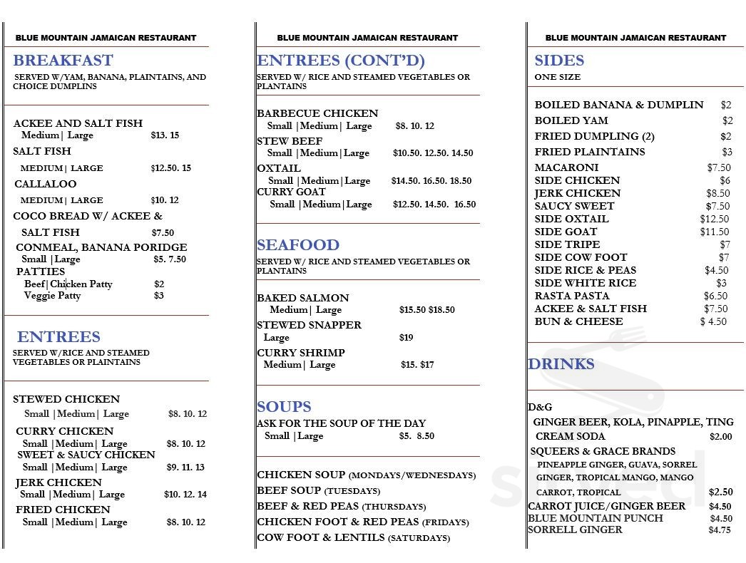 Blue Mountain menu in Boston, Massachusetts, USA