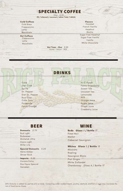 Rice Palace Restaurant menu in Crowley, Louisiana, USA