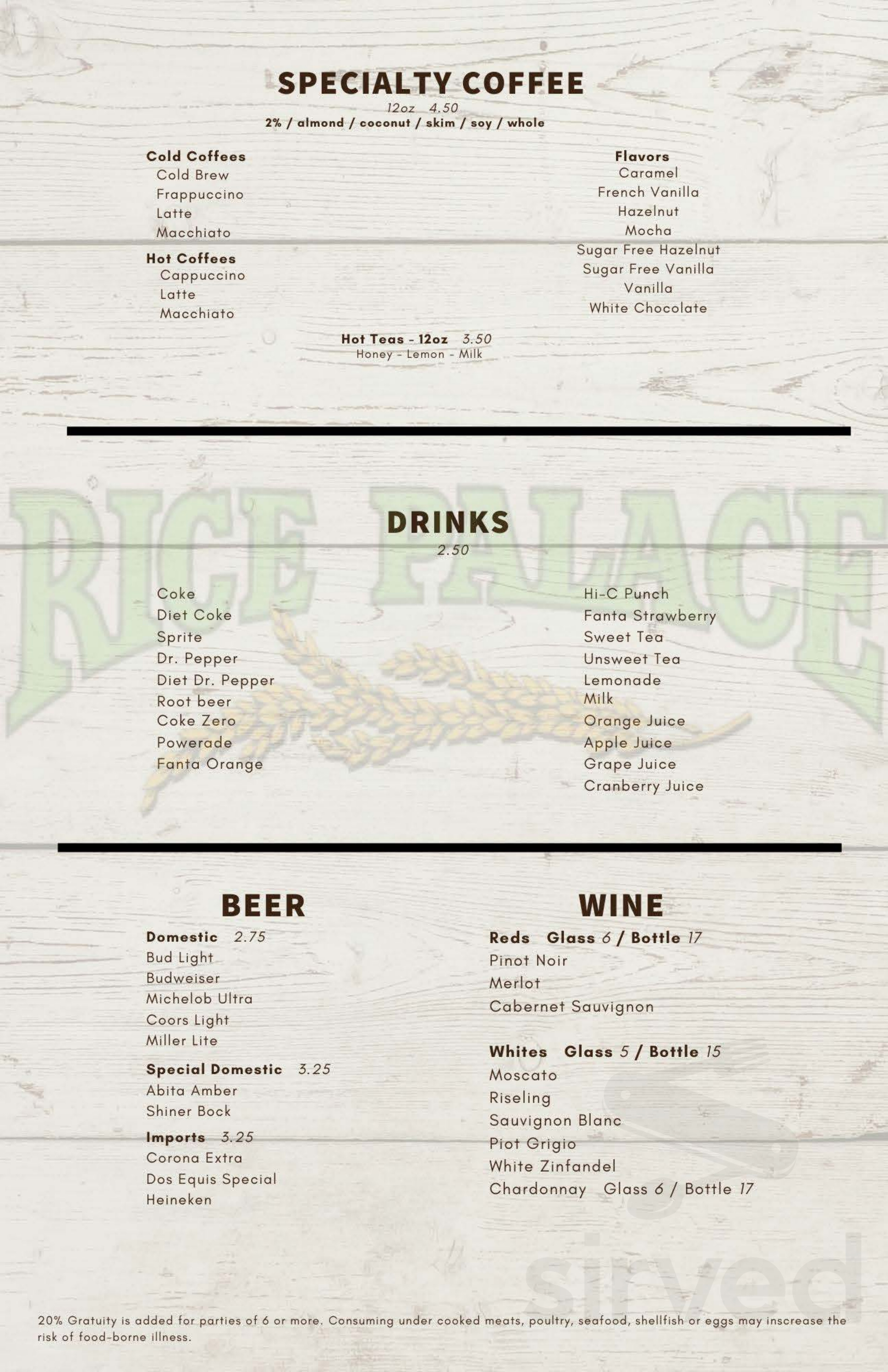Rice Palace Restaurant menu in Crowley, Louisiana, USA