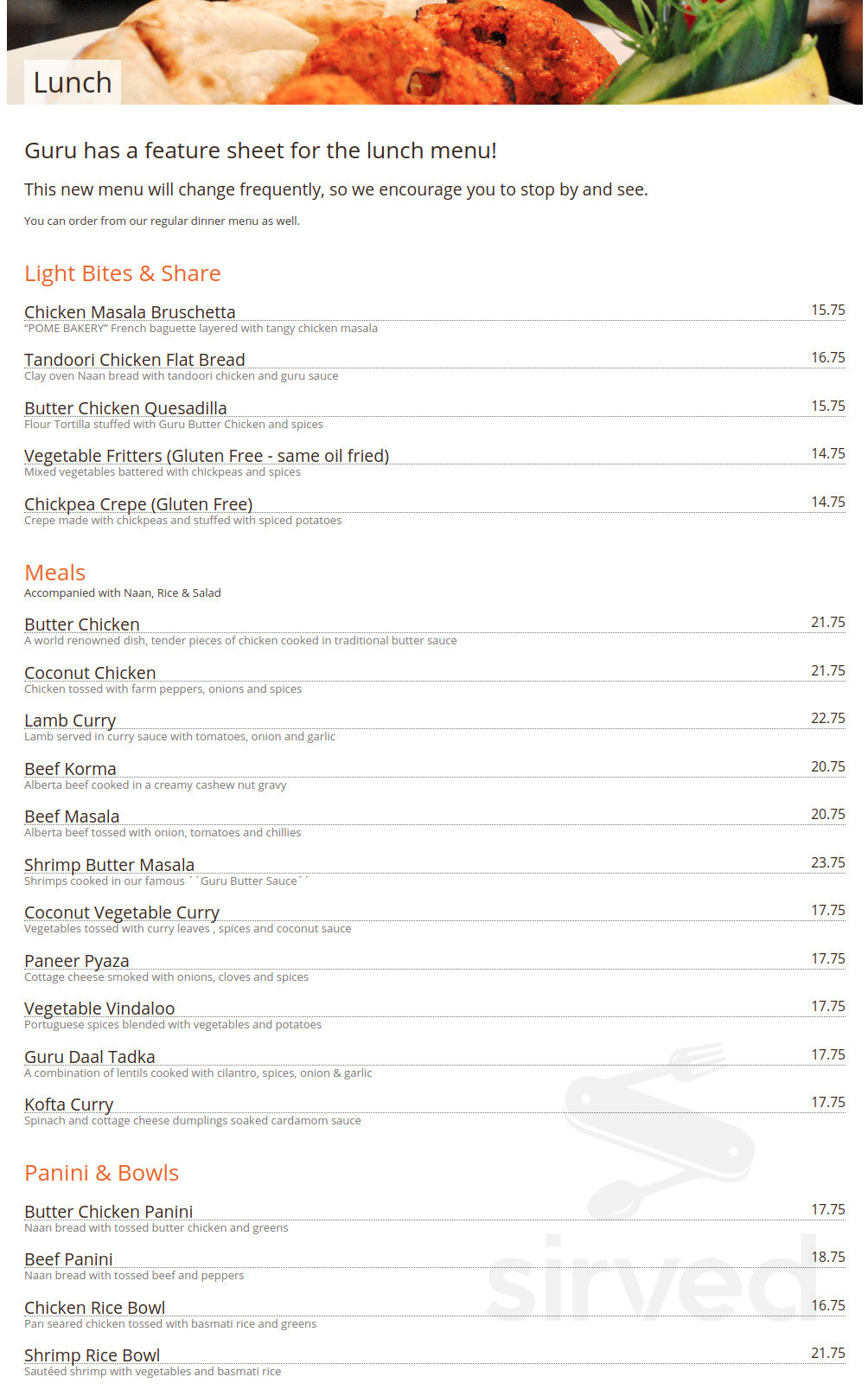 Menu for Guru Restaurant & Bar - Edmonton, AB | Sirved