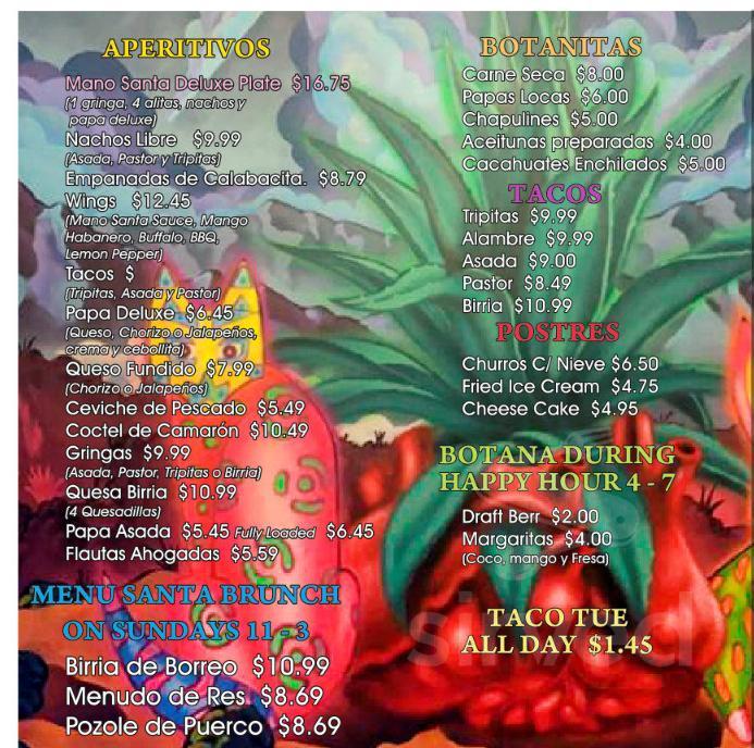 Mano Santa Cantina Deluxe menu in El Paso, Texas, USA