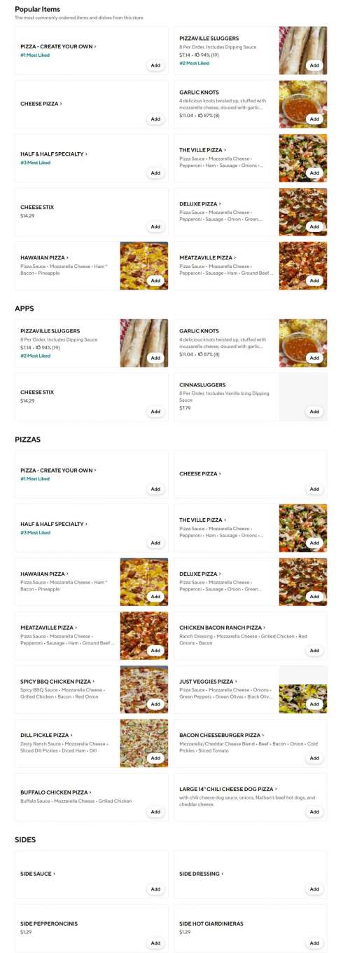 Pizzaville menu in Louisville, Kentucky, USA