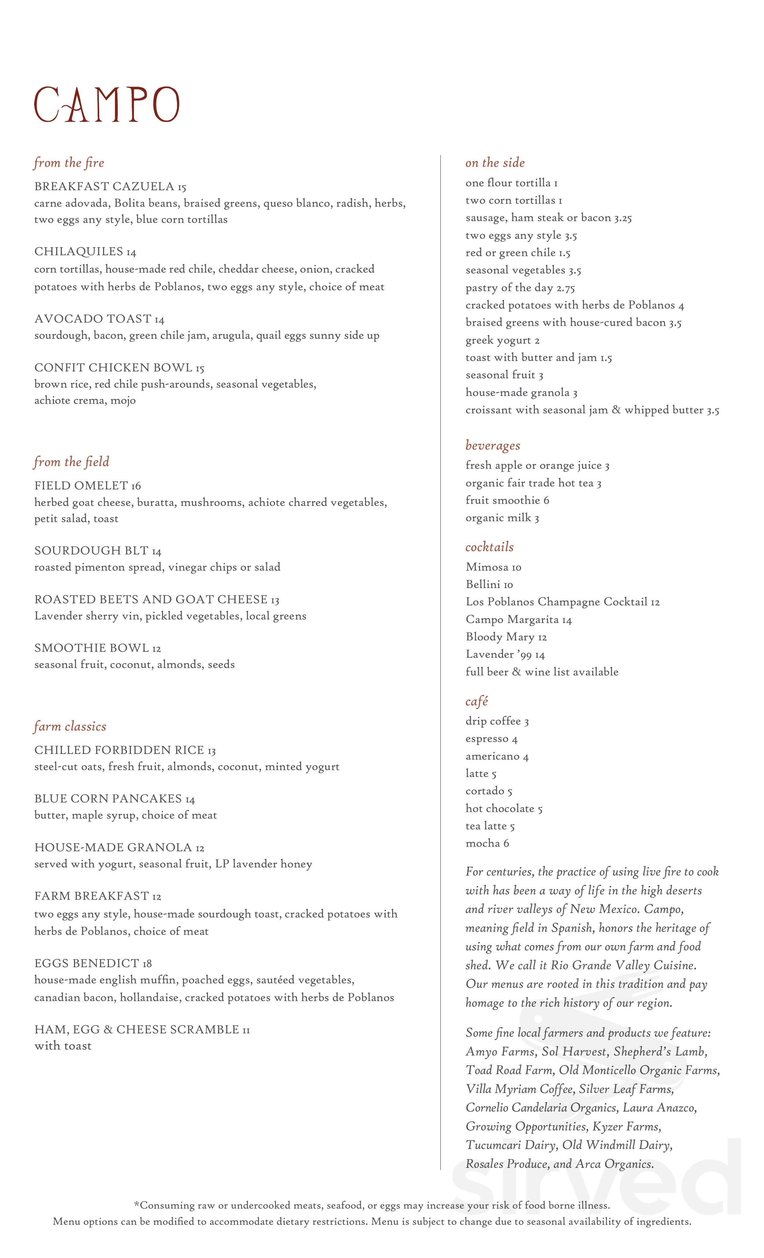 Campo at Los Poblanos menu in Los Ranchos De Albuquerque, New Mexico, USA