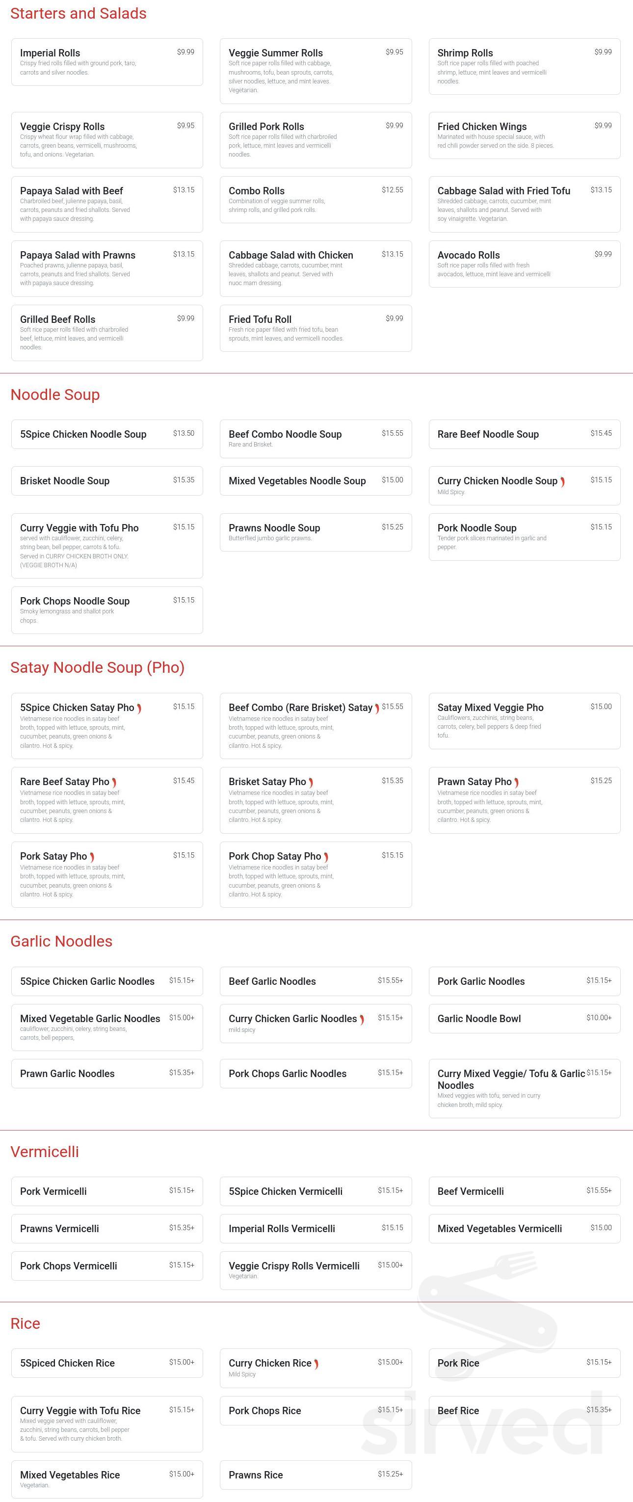 Perilla Vietnamese Cuisine menu in San Francisco, California, USA