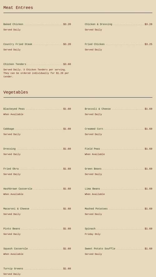 Pick O' Deli Cafeteria @ Riverside menu in Rome, Georgia, USA