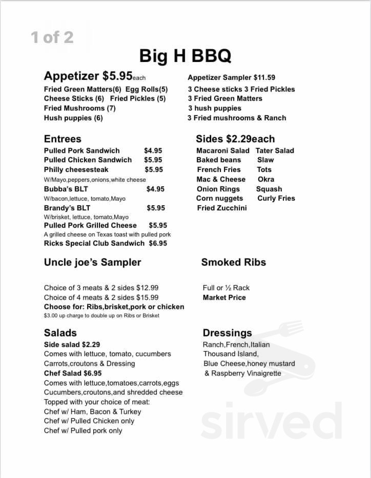 Big H BBQ menus in Rogersville, Tennessee, United States