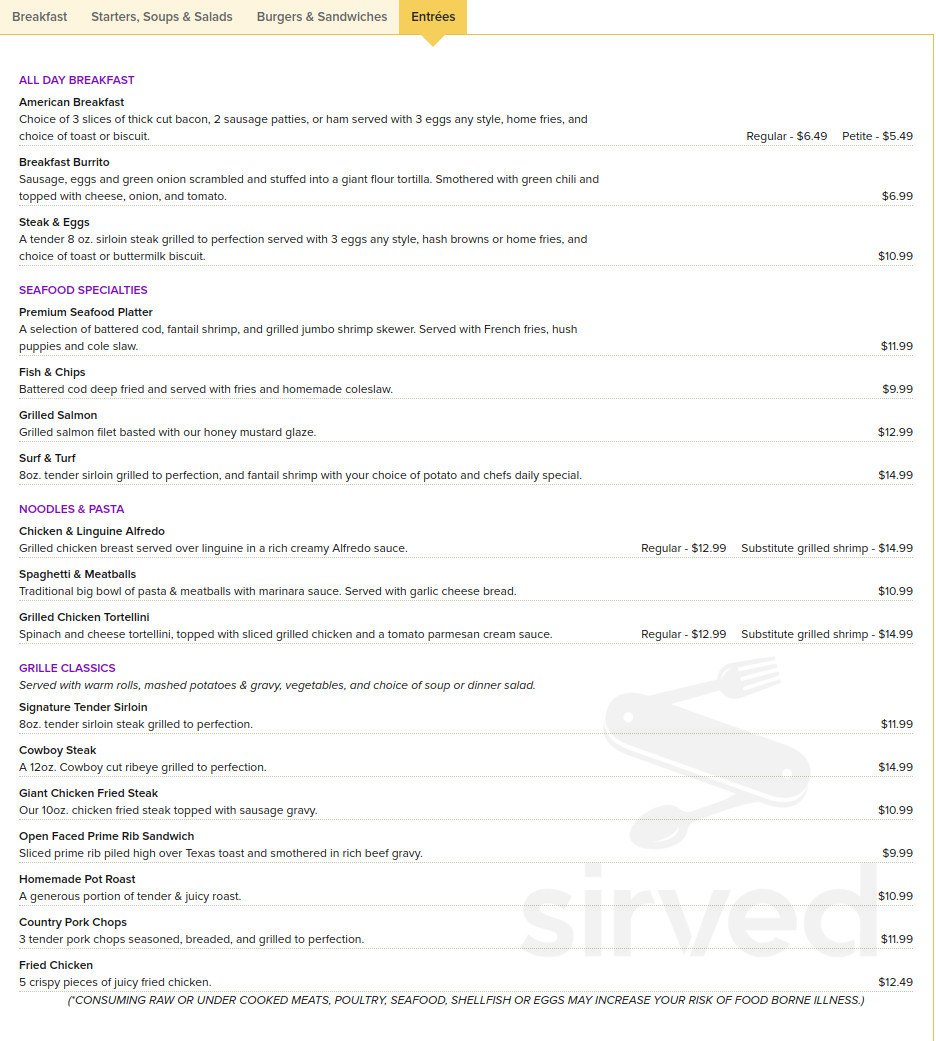 The Grille menu in Carson City, Nevada, USA