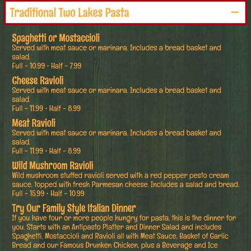 Two Lakes Supper Club menu in Almond, Wisconsin, USA