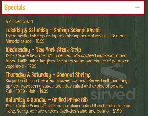 Two Lakes Supper Club menu in Almond, Wisconsin, USA