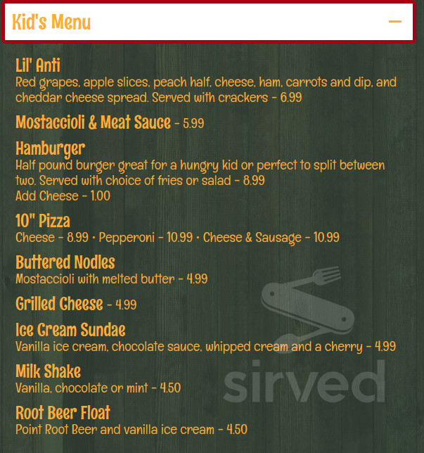 Two Lakes Supper Club menu in Almond, Wisconsin, USA