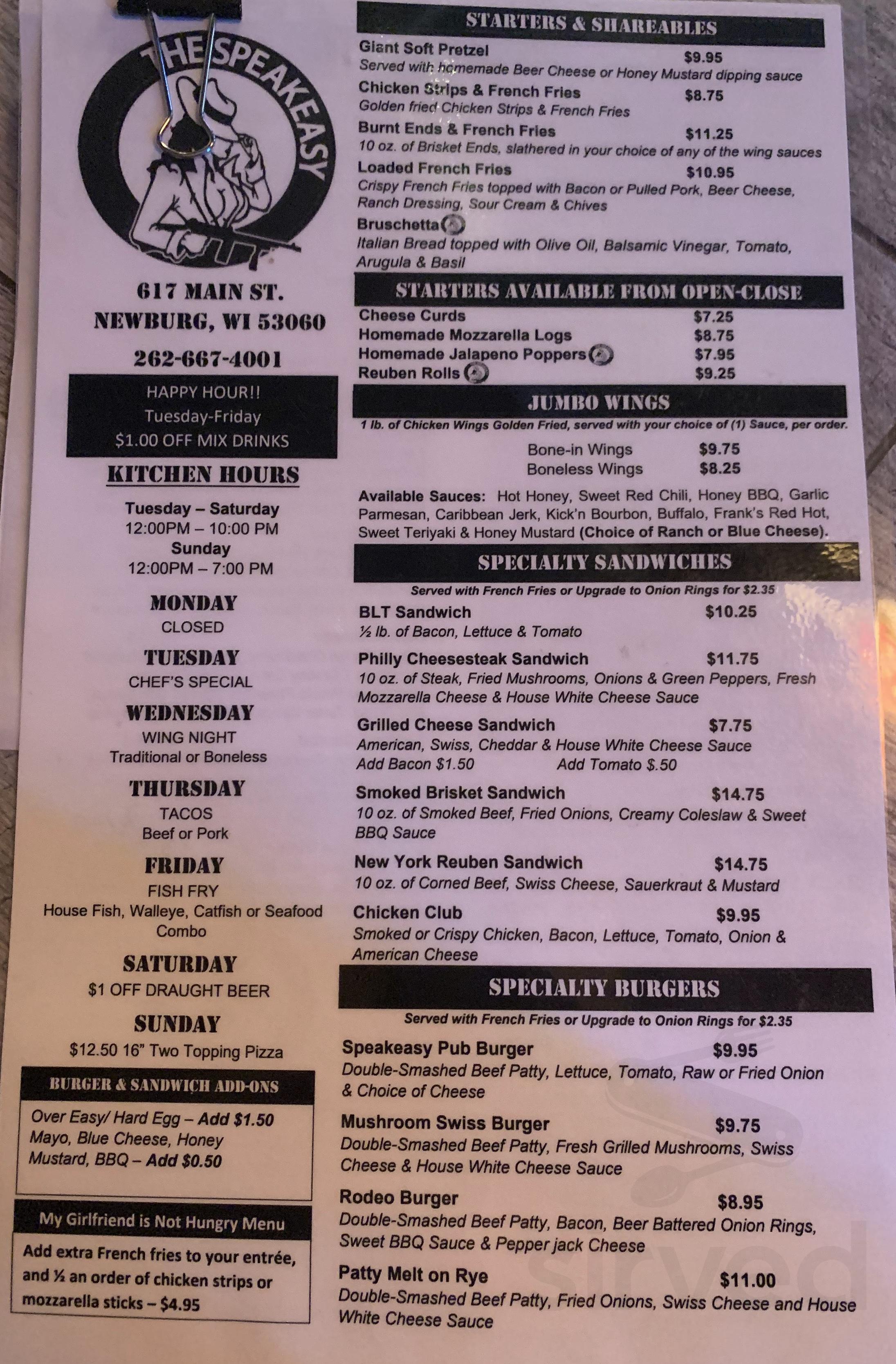 The Speakeasy menu in Newburg, Wisconsin, USA