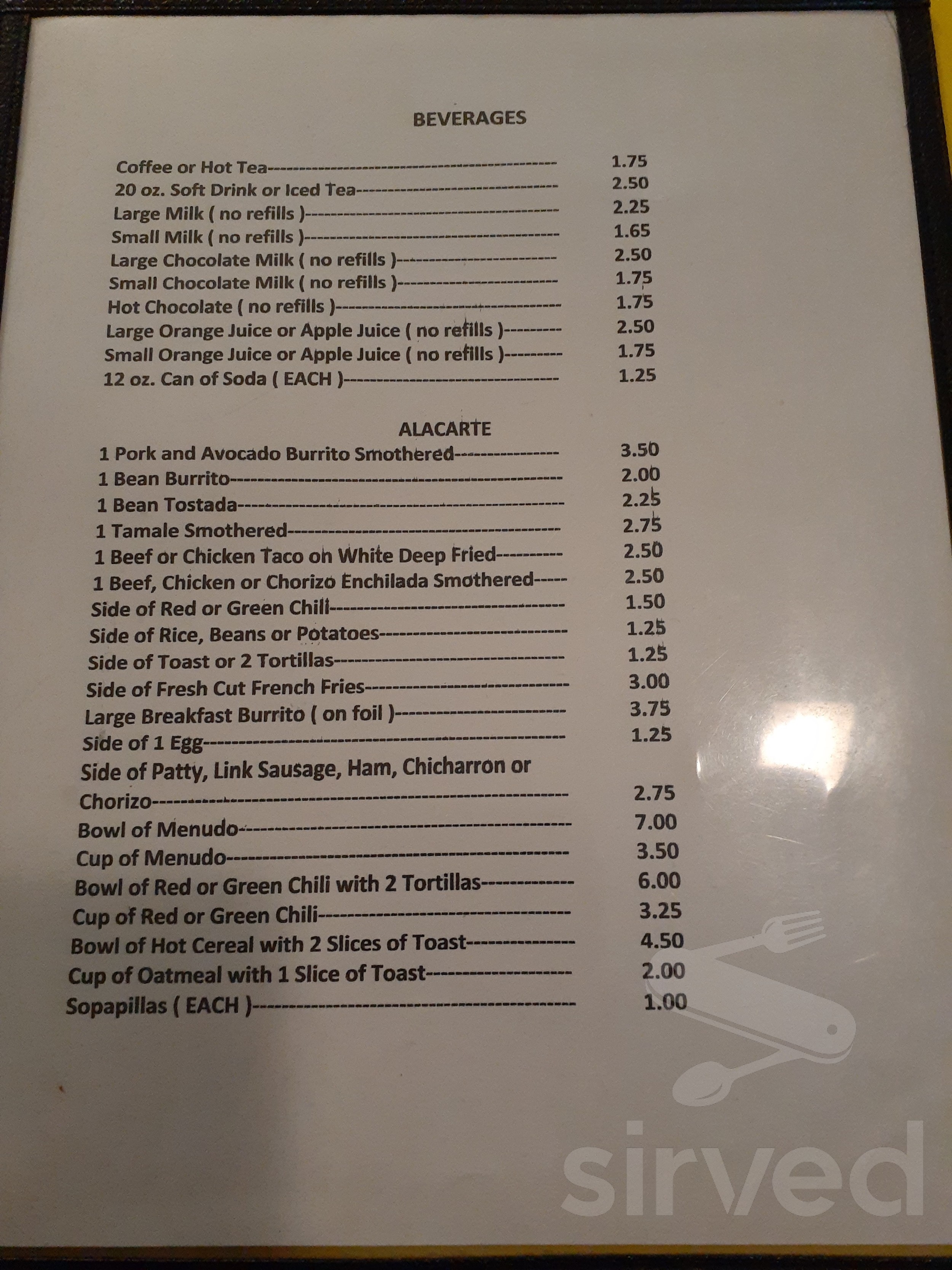 Menu - Pueblo CO's Aunty Bevs | Sirved