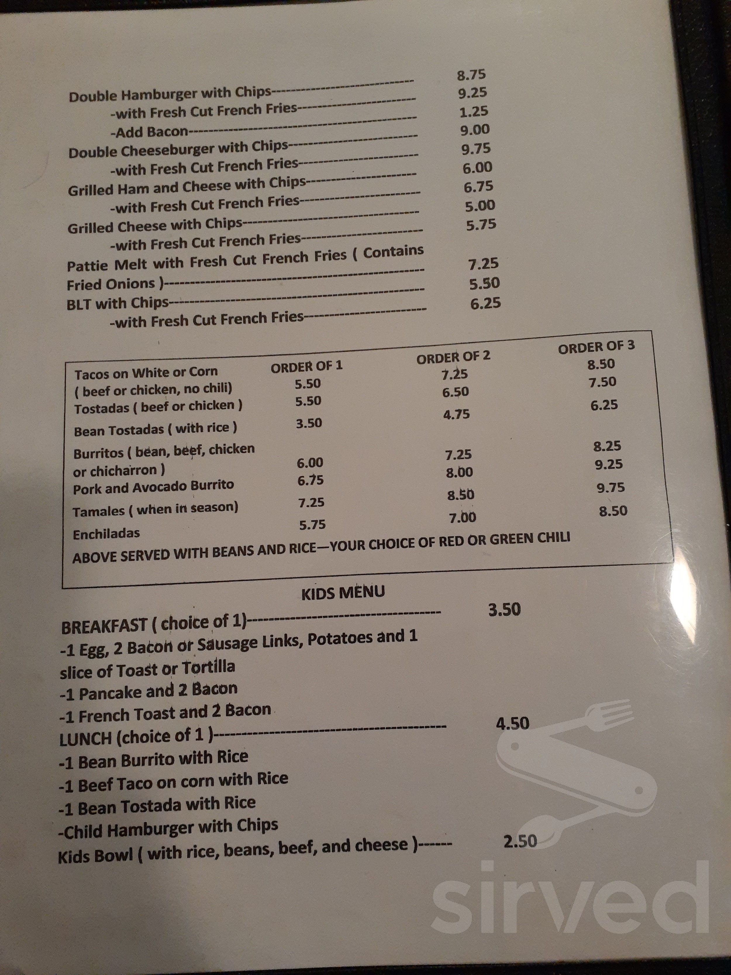 Menu - Pueblo CO's Aunty Bevs | Sirved