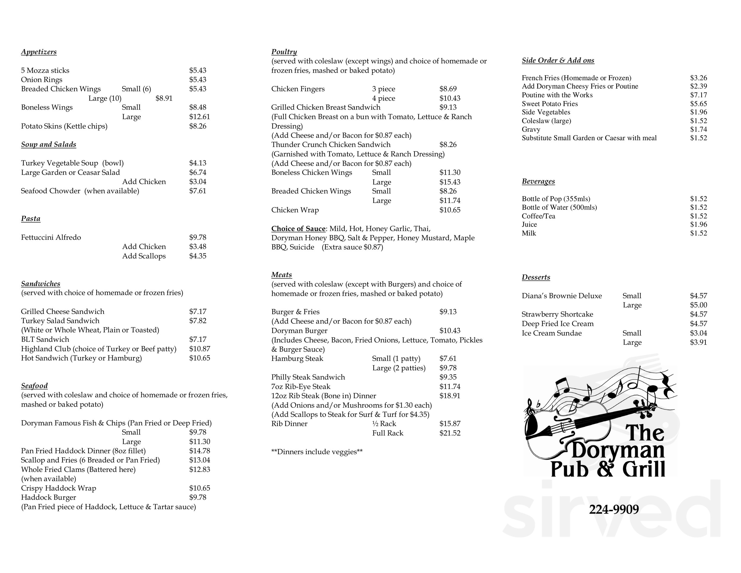 Menu - Chéticamp NS's The Doryman Pub and Grill | Sirved