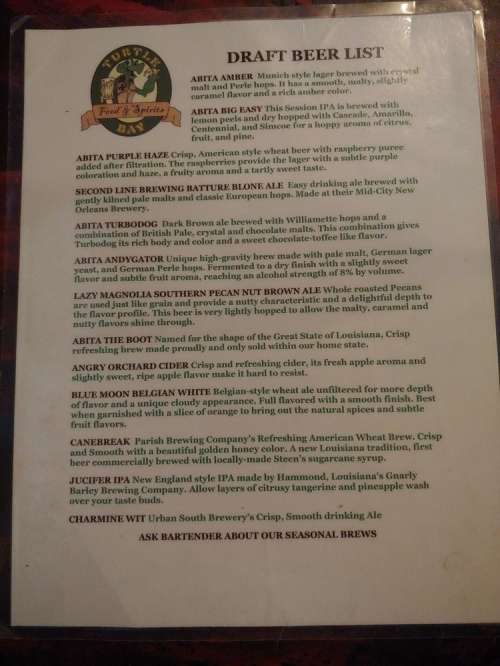 Turtle Bay menu in New Orleans, Louisiana, USA