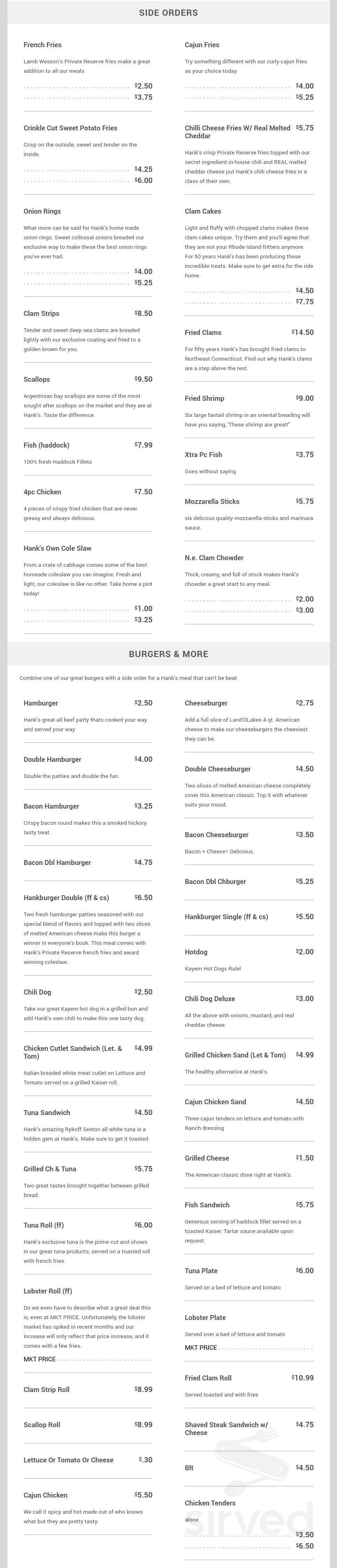 Hank's Dairy Bar menu in Plainfield, Connecticut, USA