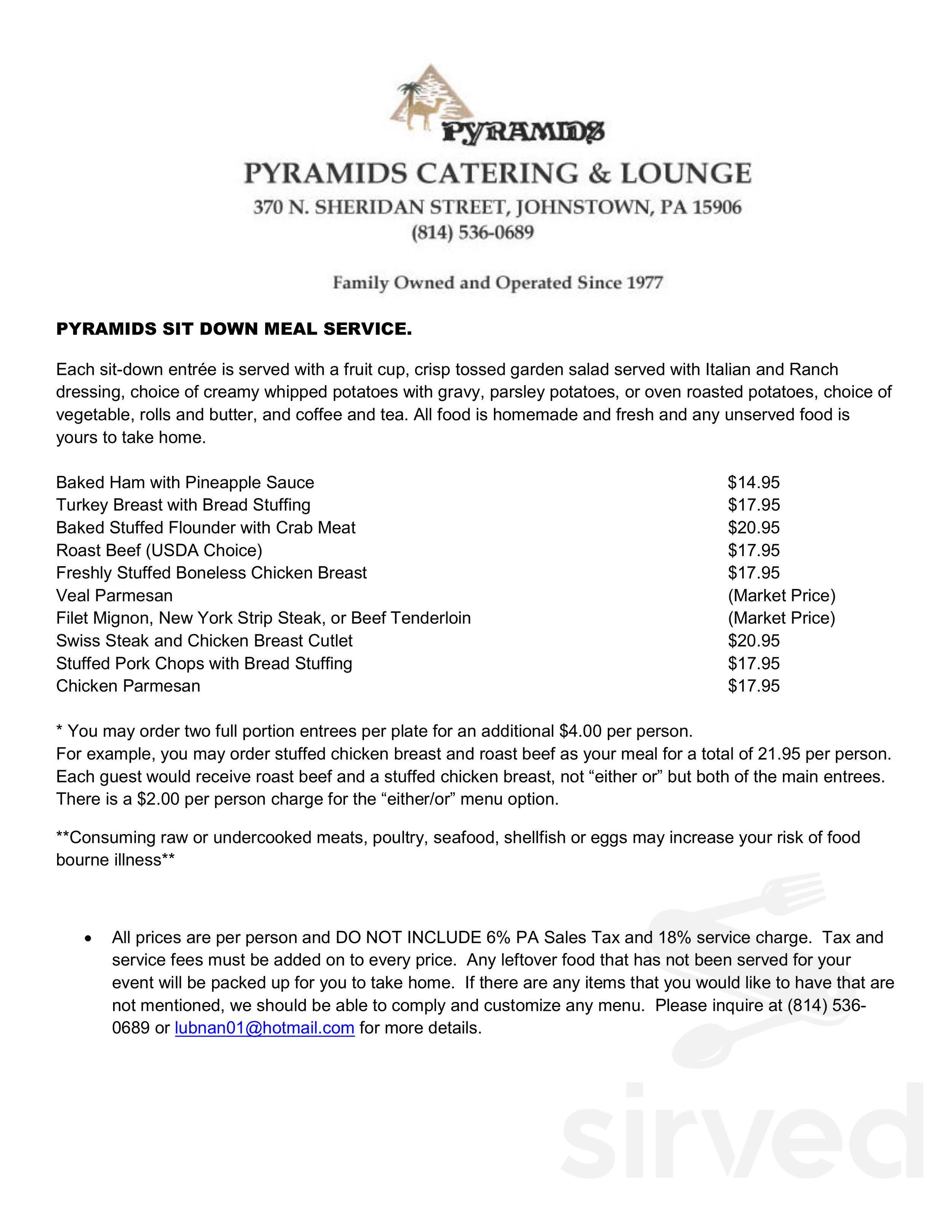 Pyramid's Lounge and Catering menu in Johnstown, Pennsylvania, USA