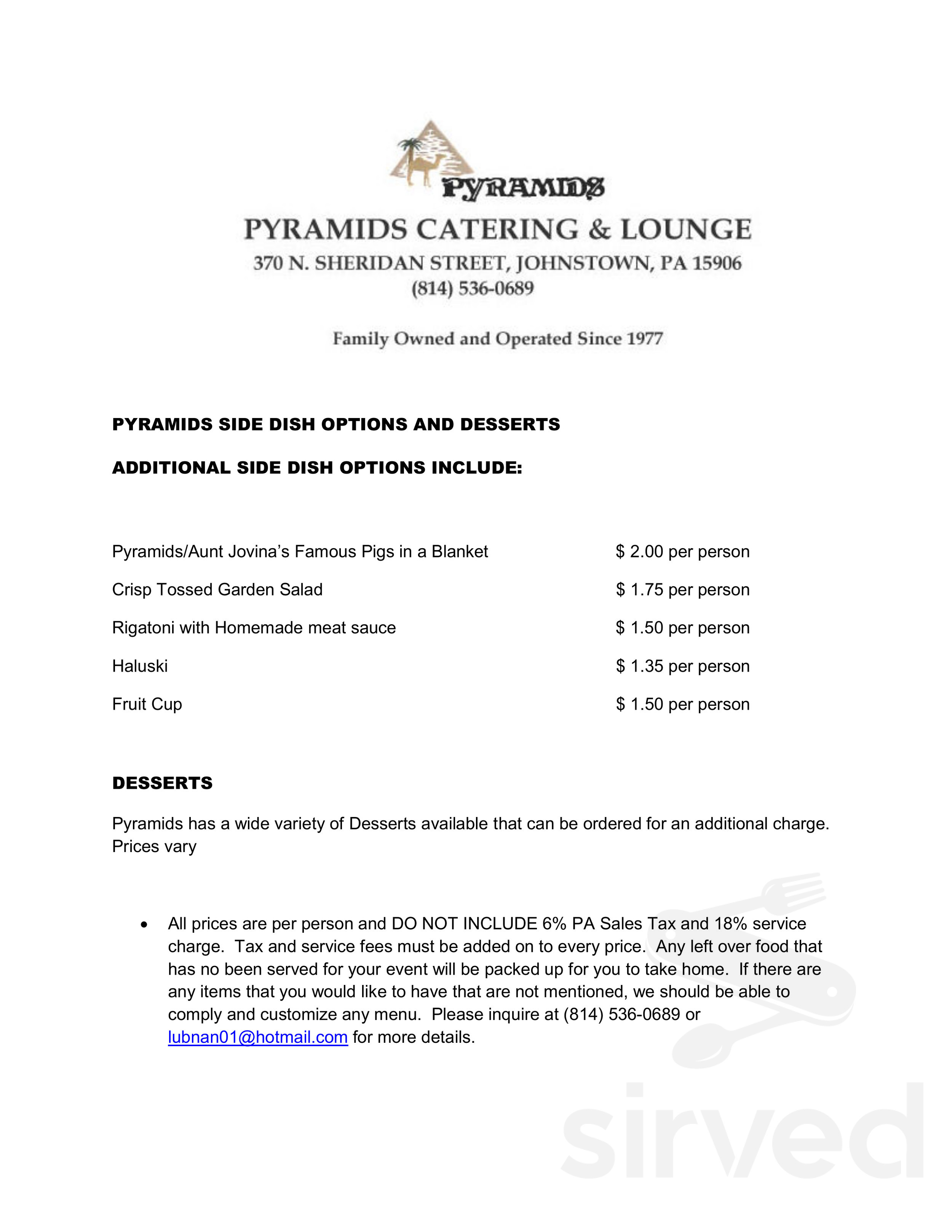 Pyramid's Lounge and Catering menu in Johnstown, Pennsylvania, USA