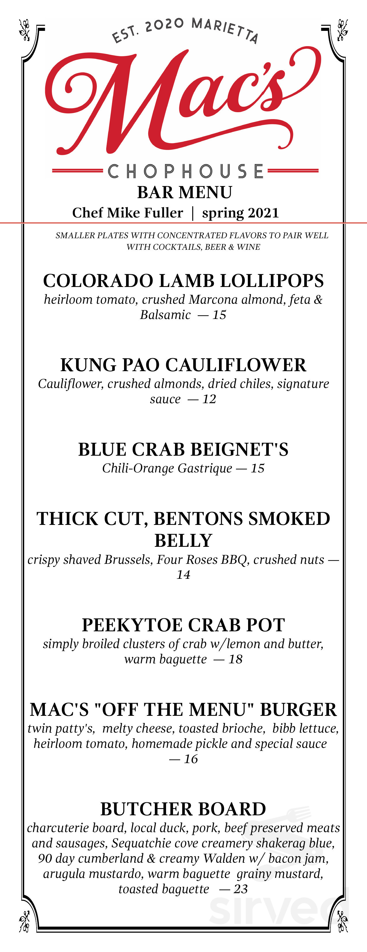 Mac's Chop House menu in Marietta, Georgia, USA