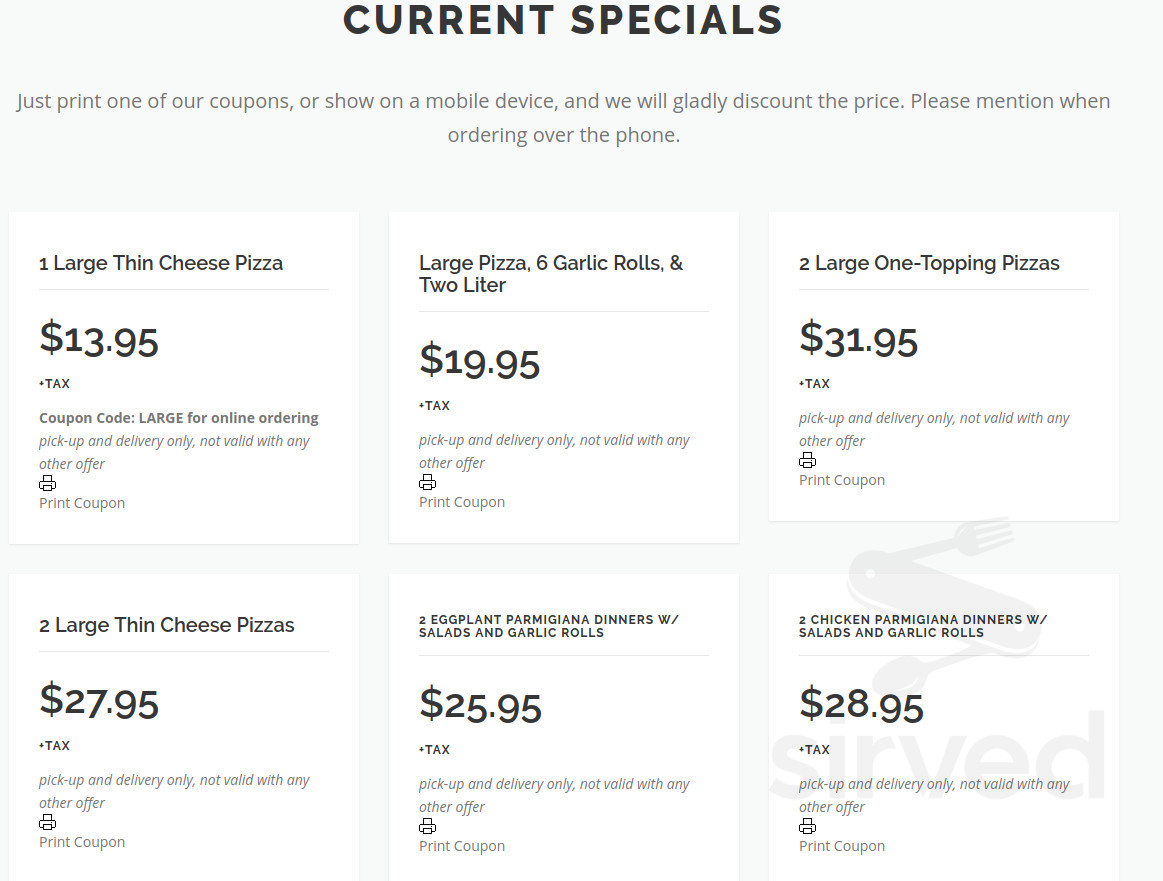 Menu for Thick & Thin Restaurant & Pizzeria in Boca Raton, FL | Sirved