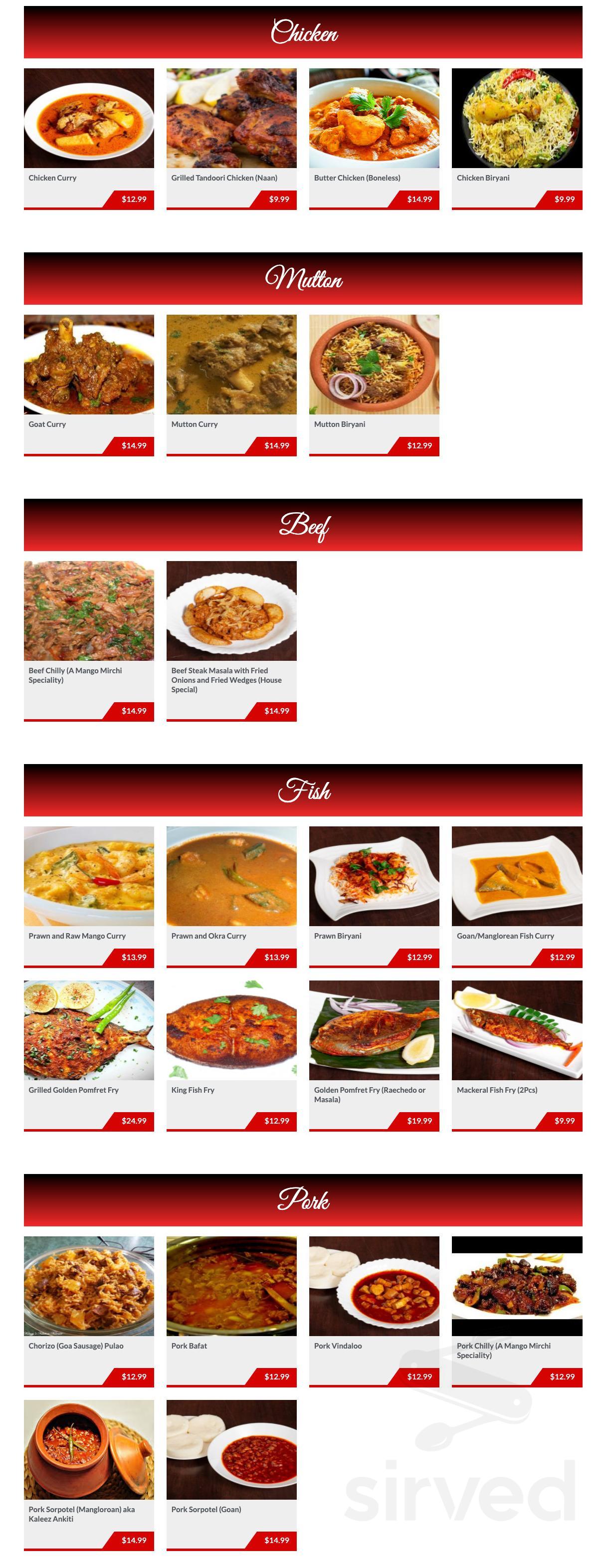 Mango Mirchi Restaurant menu in Mississauga, Ontario, Canada