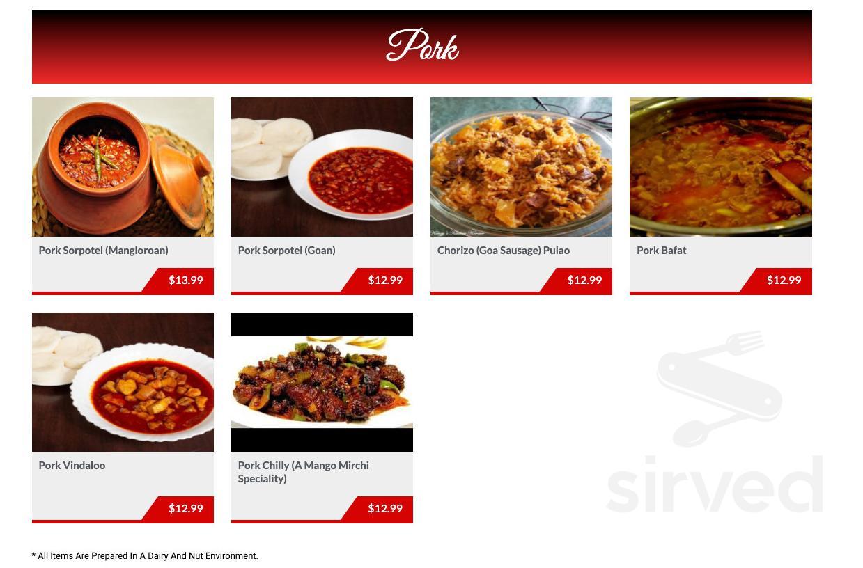 Mango Mirchi Restaurant menus in Mississauga, Ontario, Canada