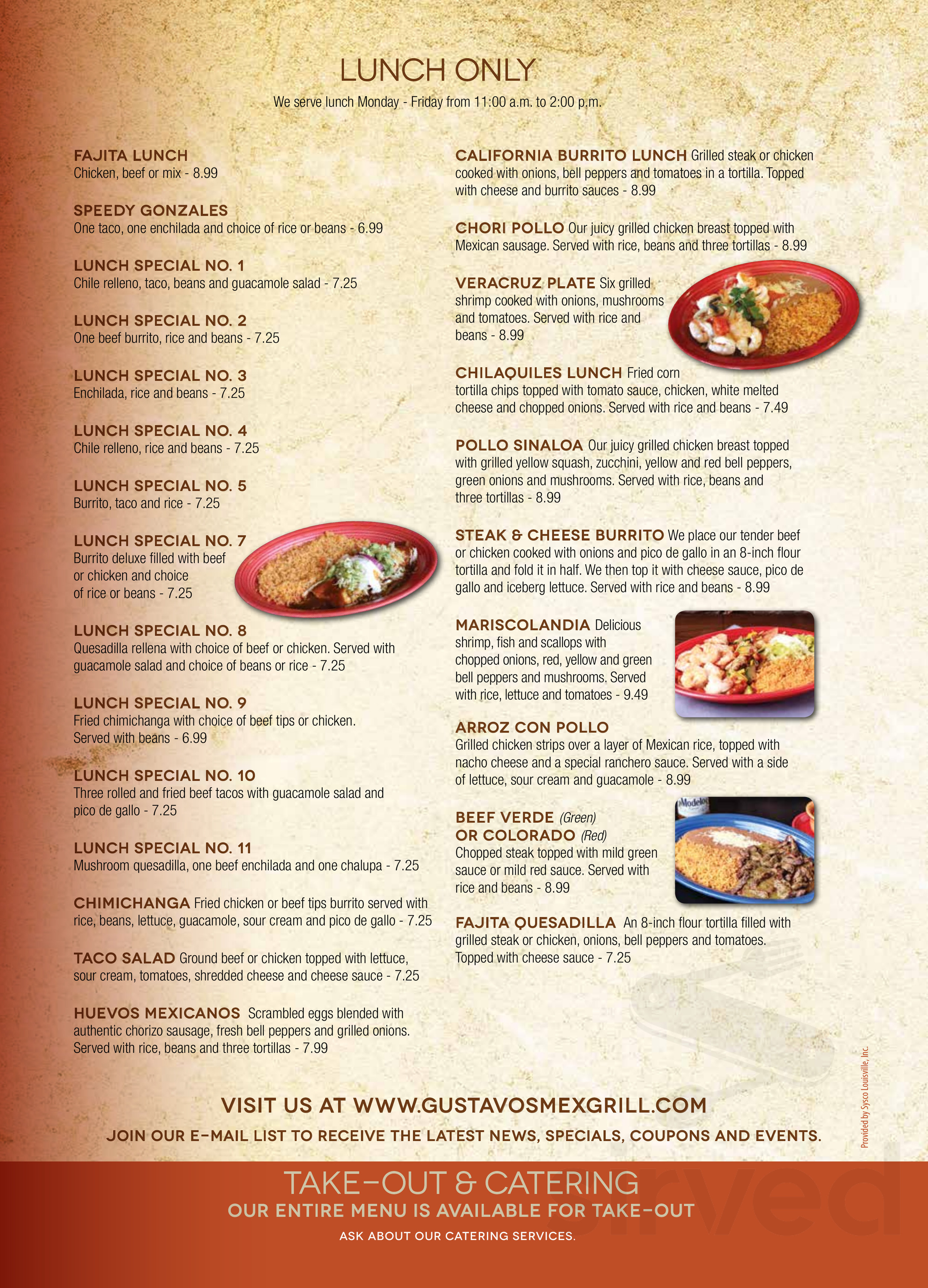 Menu - Prospect KY's Gustavo's Mexican Grill - Norton Commons | Sirved