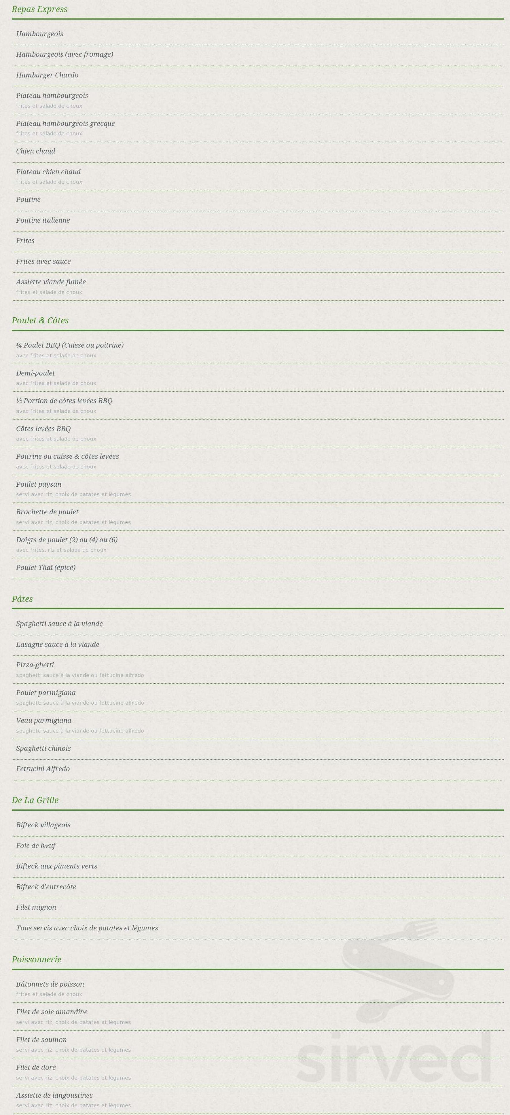 Restaurant Le Chardo menu in Alfred, Ontario, Canada