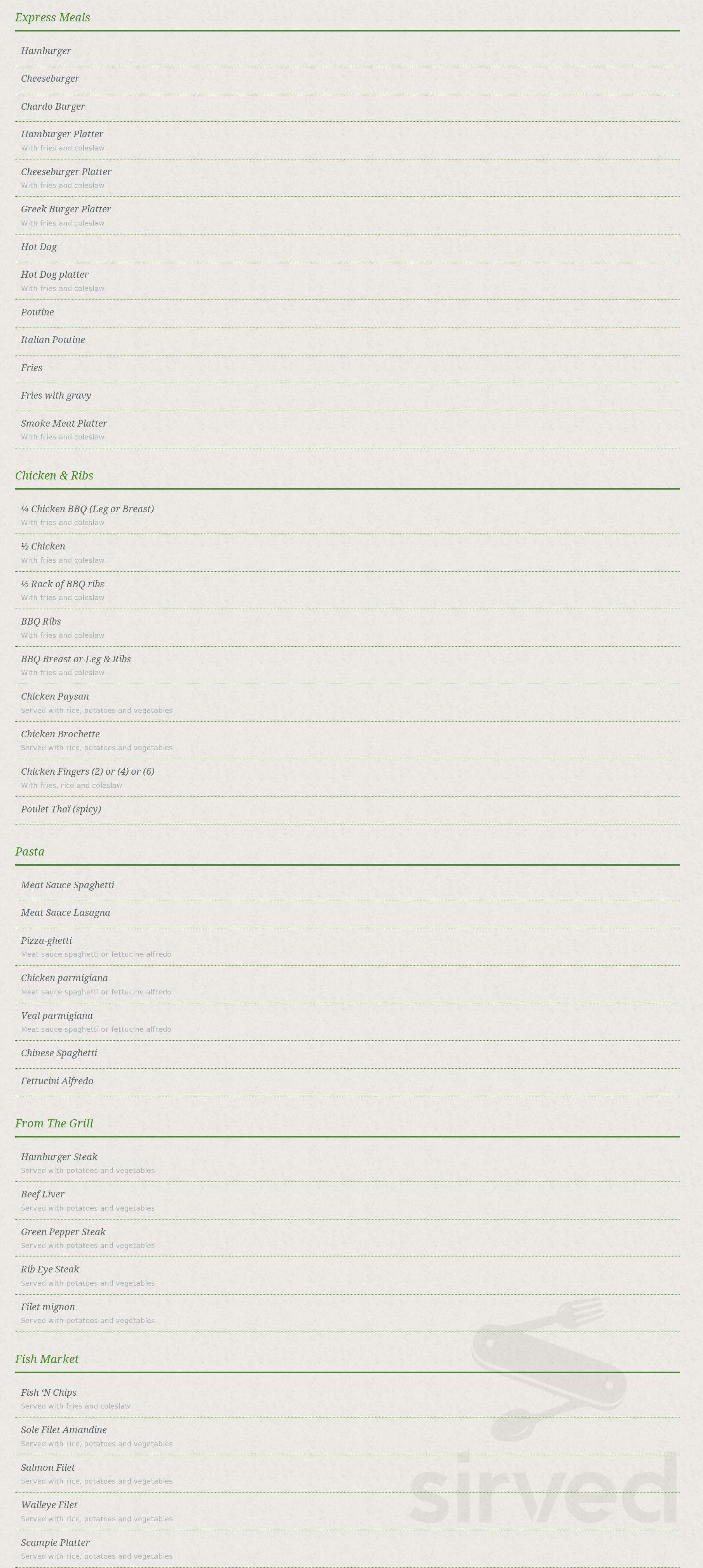 Restaurant Le Chardo menu in Alfred, Ontario, Canada