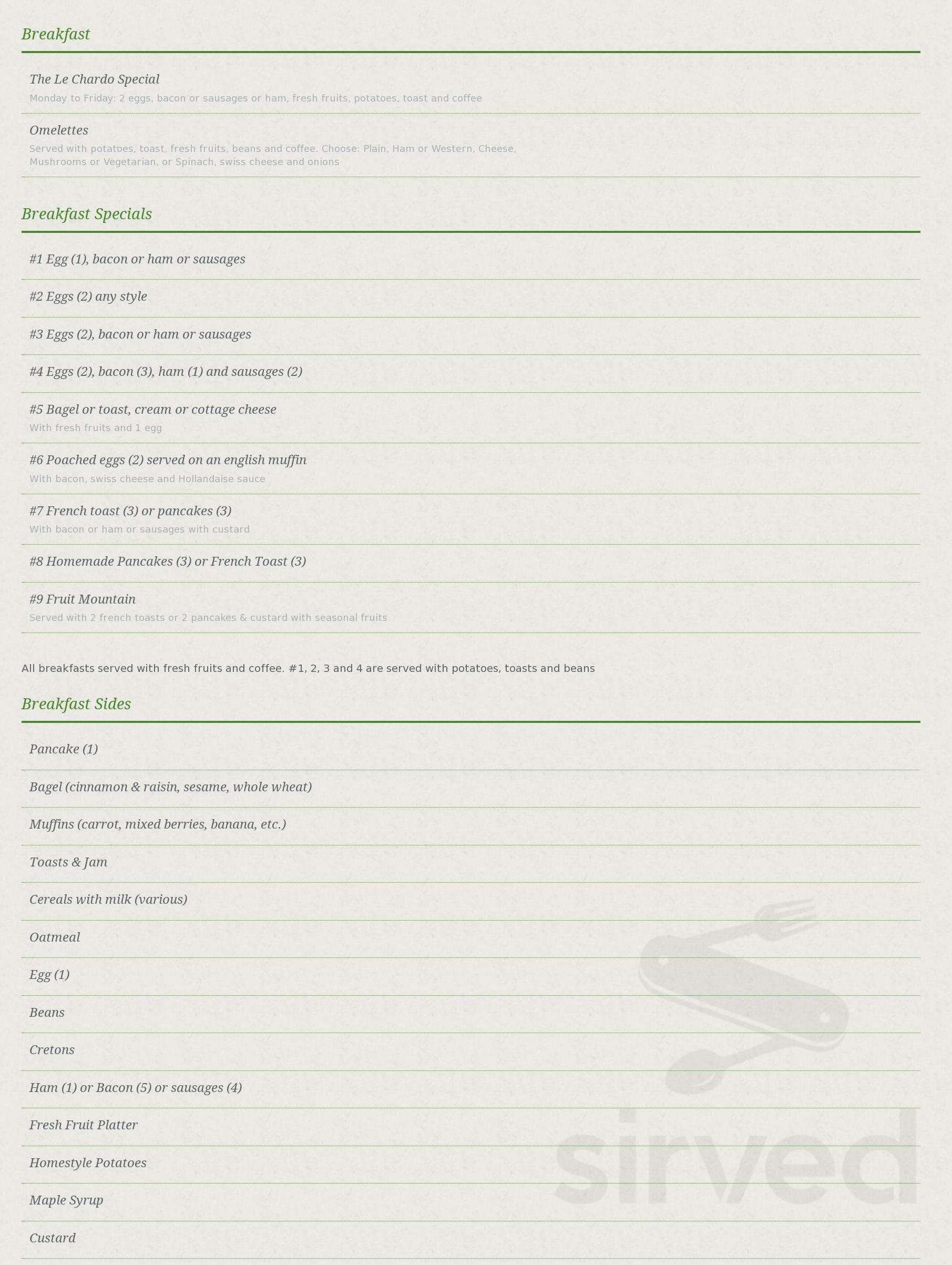 Restaurant Le Chardo menu in Alfred, Ontario, Canada