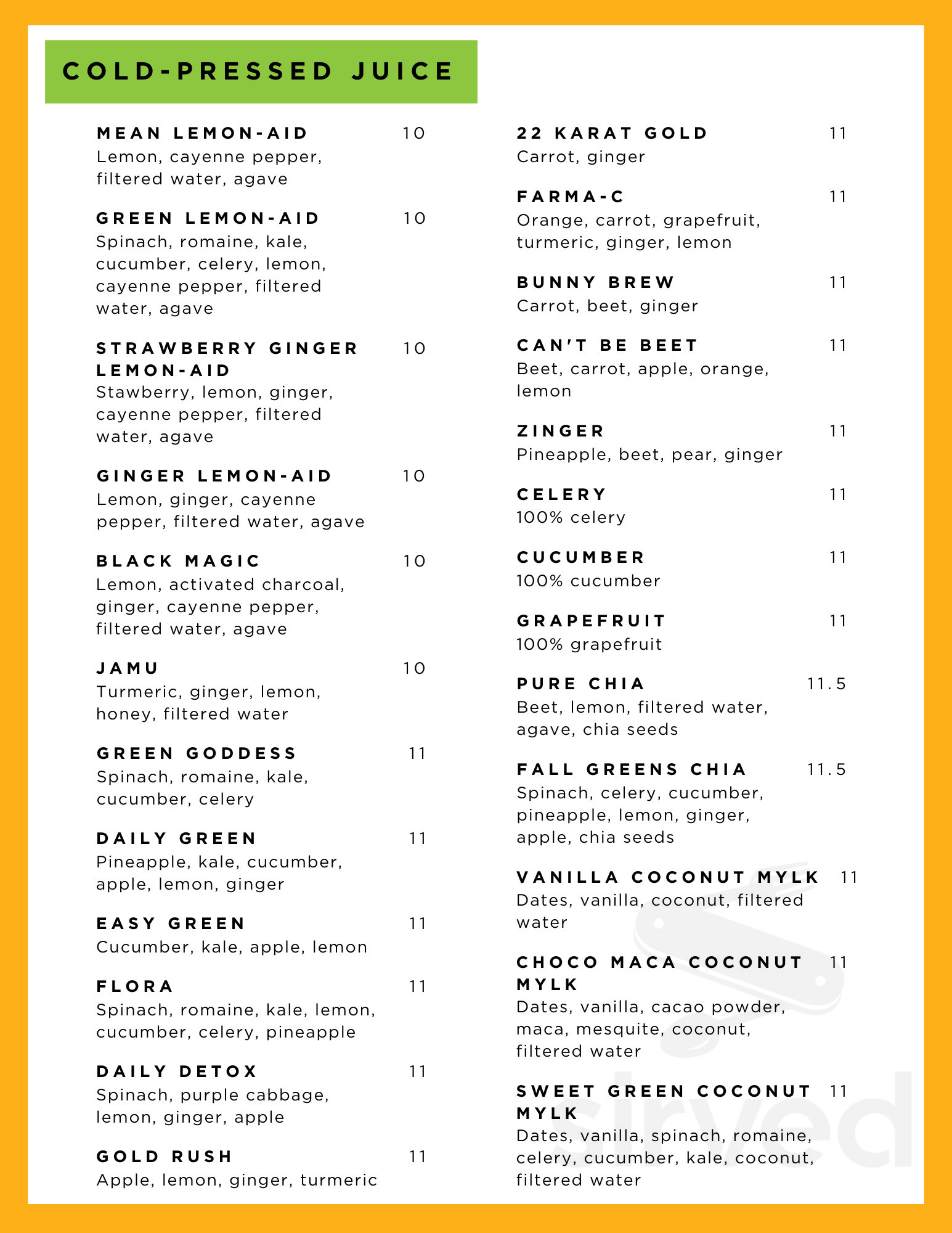Menu - Bethesda MD's Puree Artisan Juice Bar | Sirved