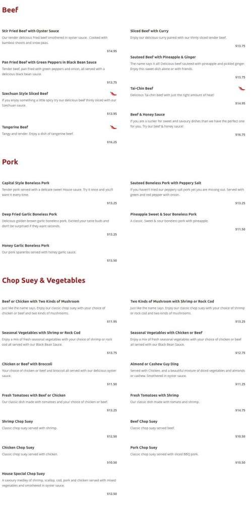 Capital Restaurant menu in Chilliwack, British Columbia, Canada