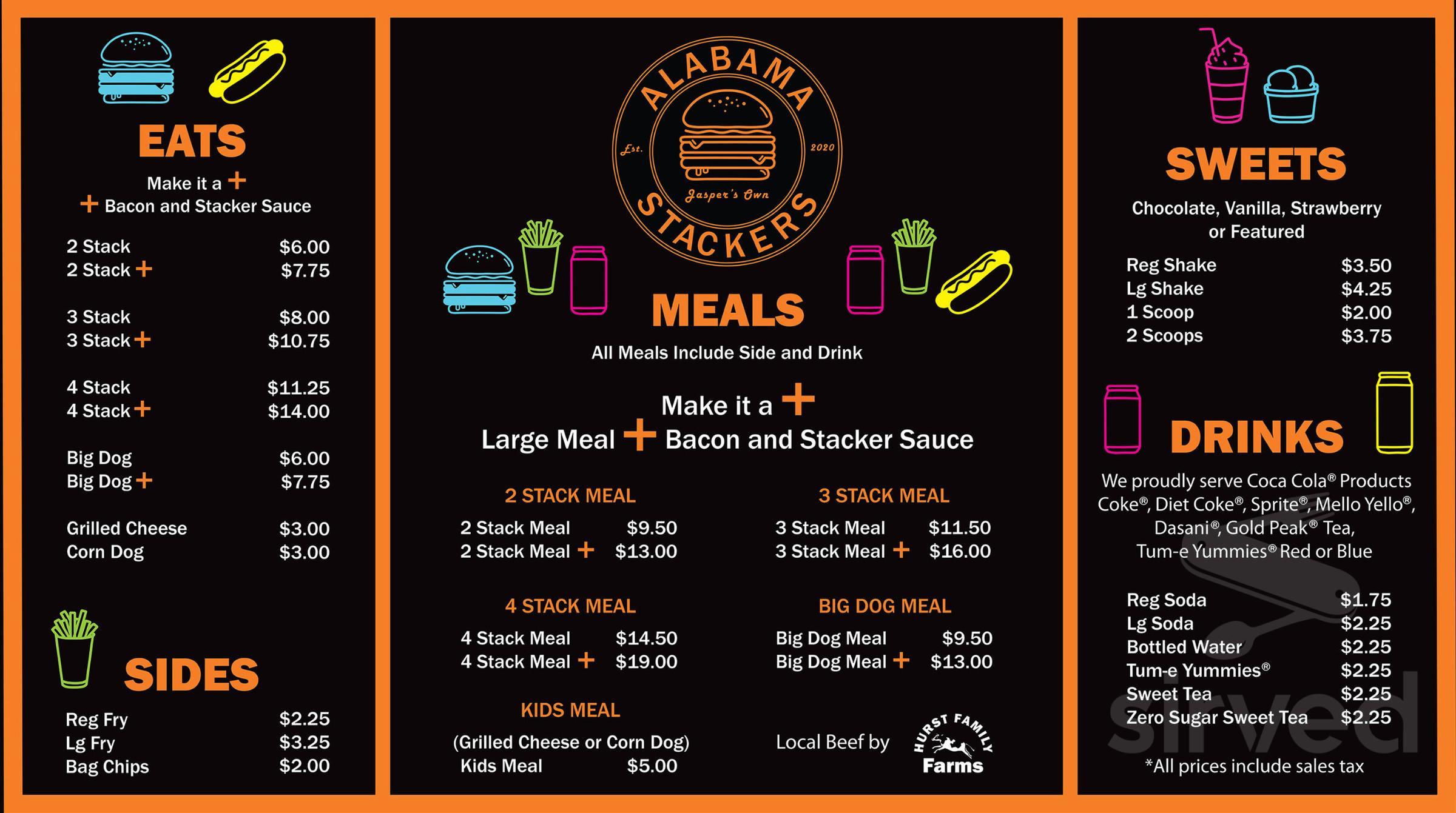 Alabama Stackers menu in Jasper, Alabama, USA